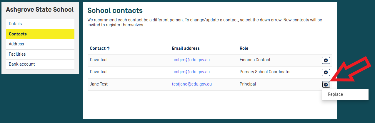 How do I update contacts at my school, school address and facilities ...